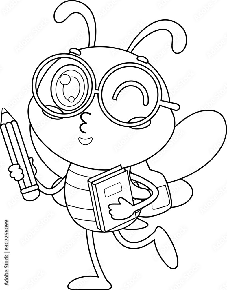 Outlined Cute School Bee Cartoon Character Going To School With ...