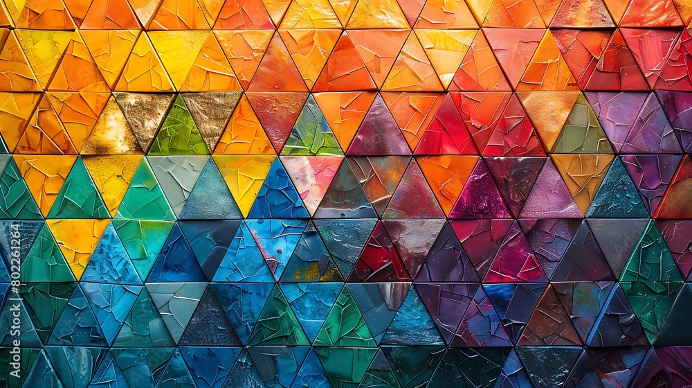A visually striking mosaic made of interlocking triangles in a spectrum ...