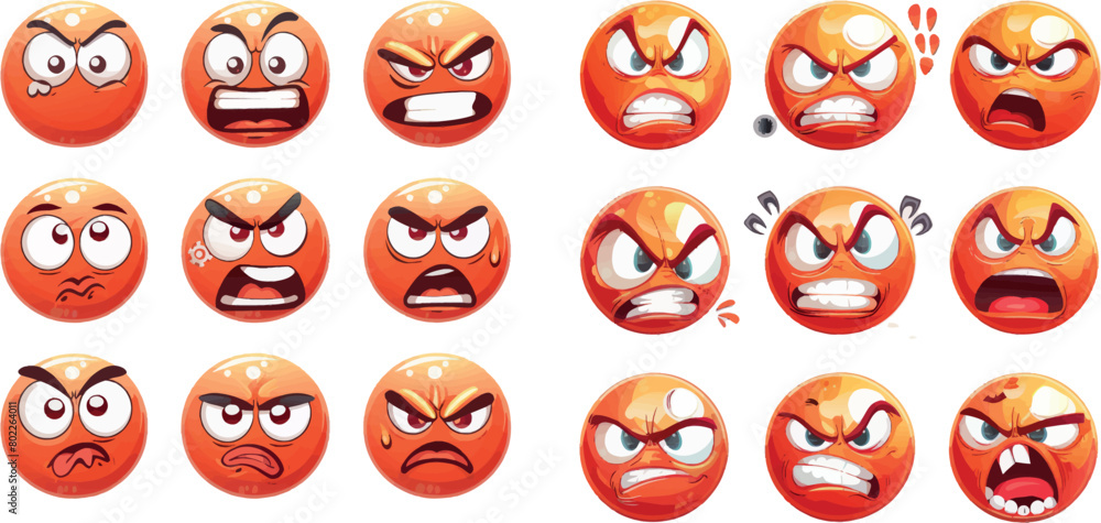 Anger emoticons. Angry emoji set, shocked and resentful, suspicious and ...