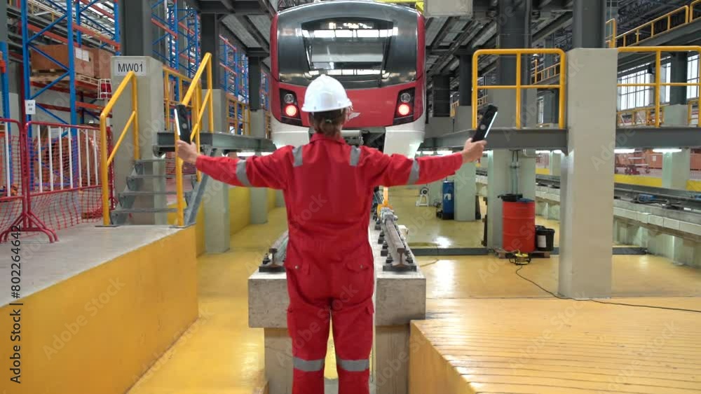 Two engineer inspector at a train station wears uniform and a helmet ...