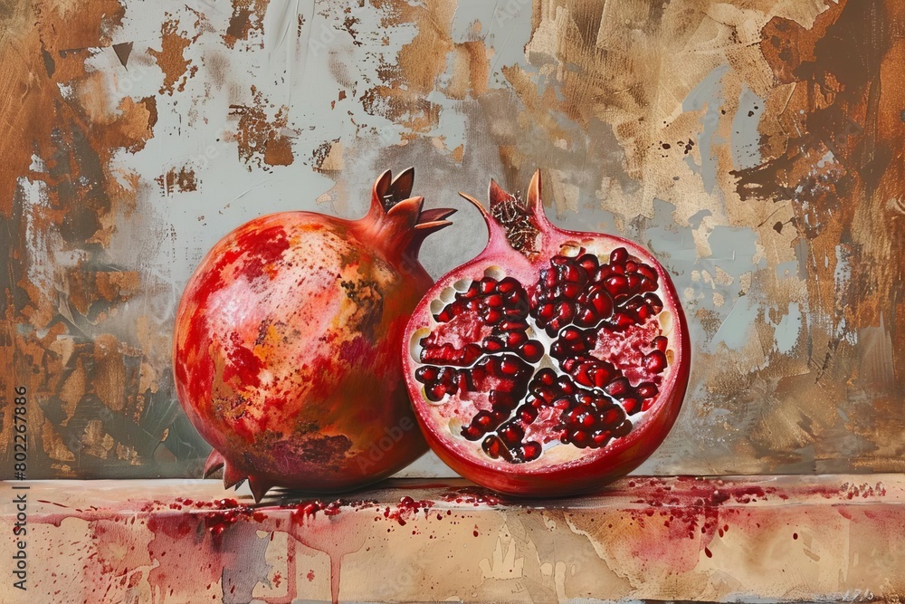 Produce a mixed media artwork of a halved pomegranate, combining ...