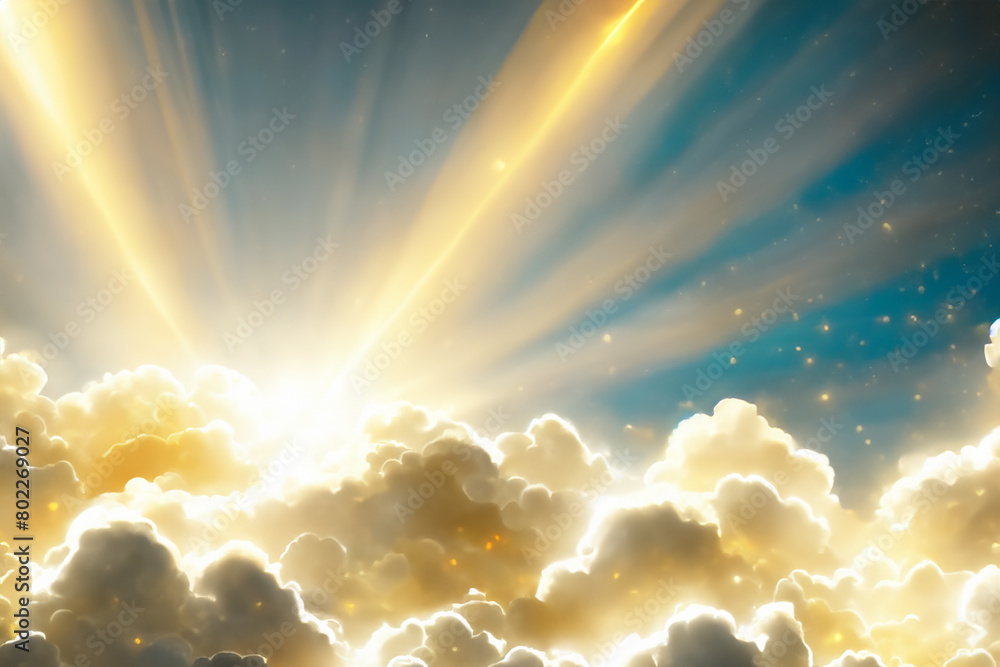 Celestial display of white and golden clouds with sunbeams breaking ...