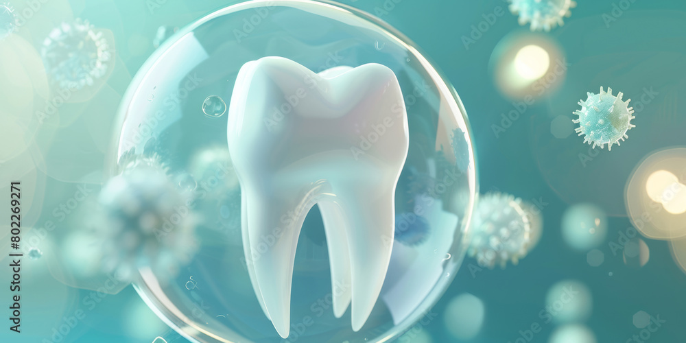 White molar tooth in a transparent bubble, bacteria fly around, light ...