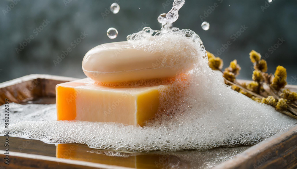 Soap bar natural foaming with foam bubbles texture close up. Personal ...