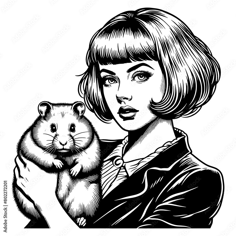 woman with a bob haircut affectionately holding chubby hamster pet ...