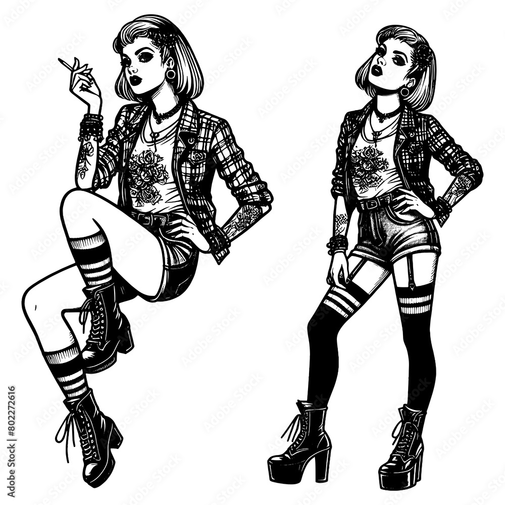 punk women, in dynamic poses, sporting bold outfits with tattoos and ...