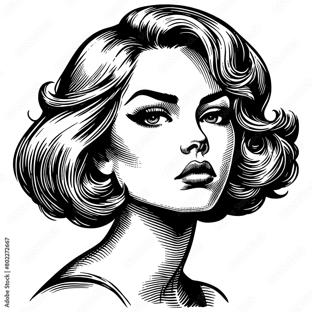 vintage woman pensive expression stylish wavy hairstyle, classic ...