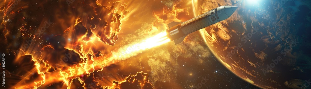 A 3D depiction of a rocket gracefully soaring by a giant glowing ...