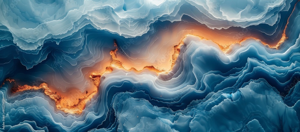 Top down view of an intricate pattern of flowing lava and blue agate ...