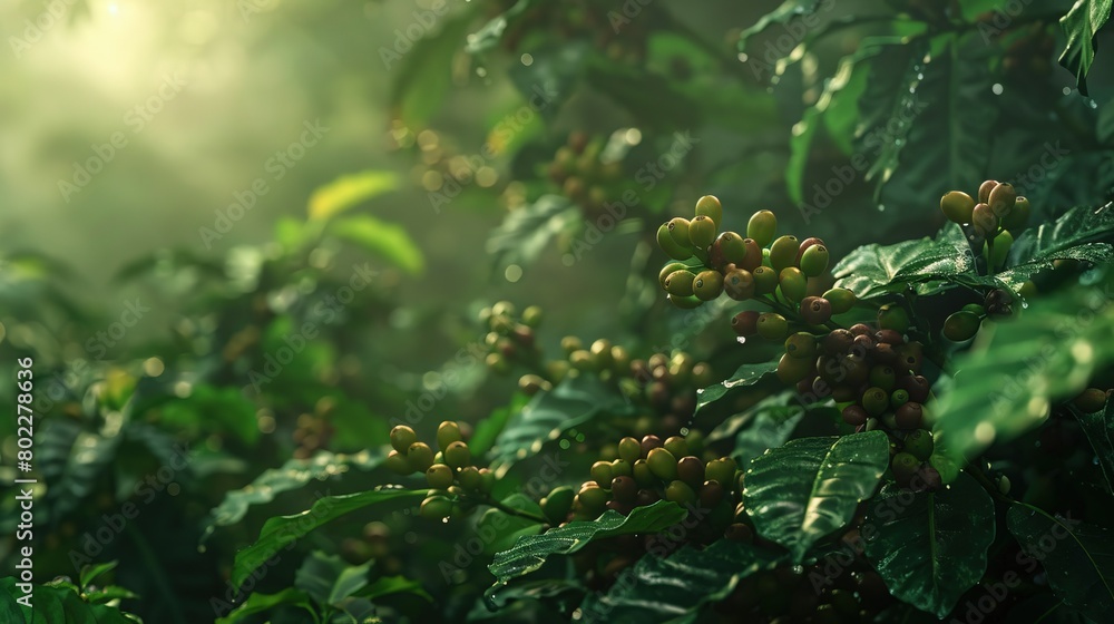 A cluster of coffee beans nestled in the earth of a lush green coffee ...