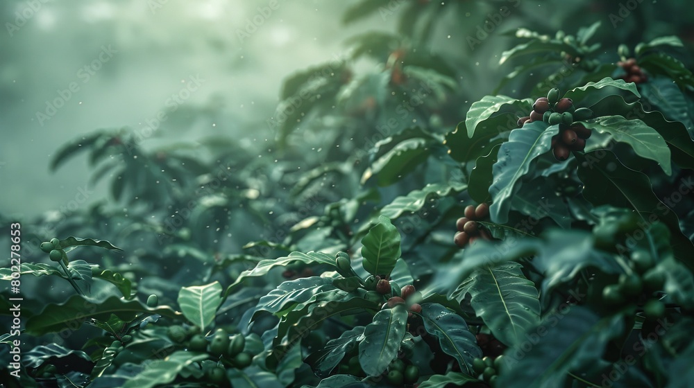 A cluster of coffee beans nestled in the earth of a lush green coffee ...