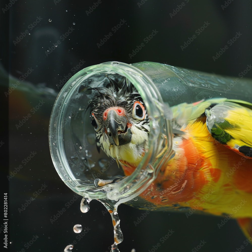 Colorful parrot poking its head through a stream of water from a ...
