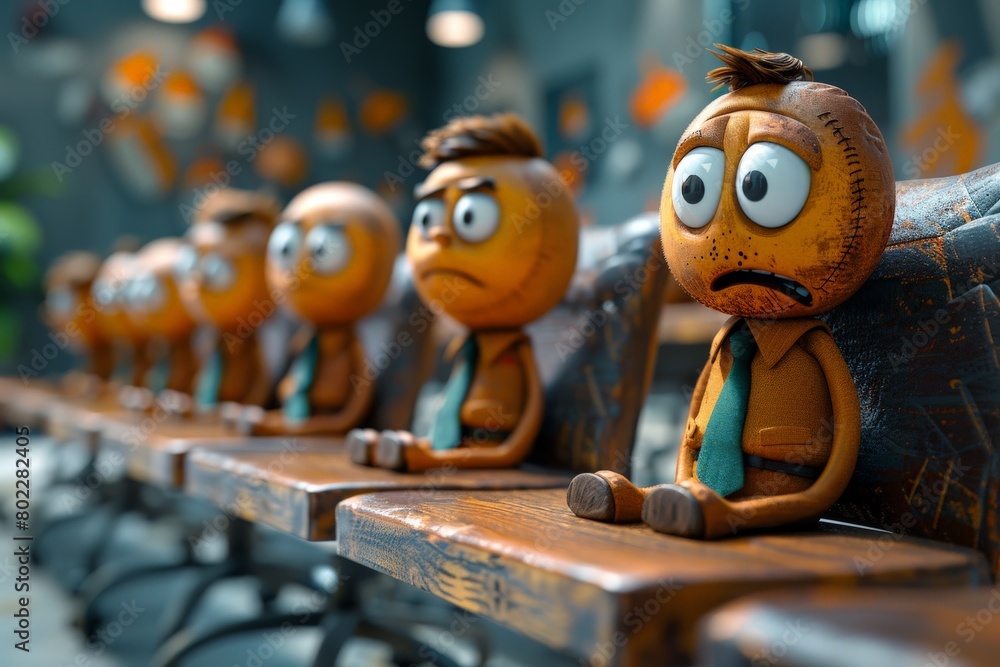Stylized, animated characters with oversized heads appear to wait ...