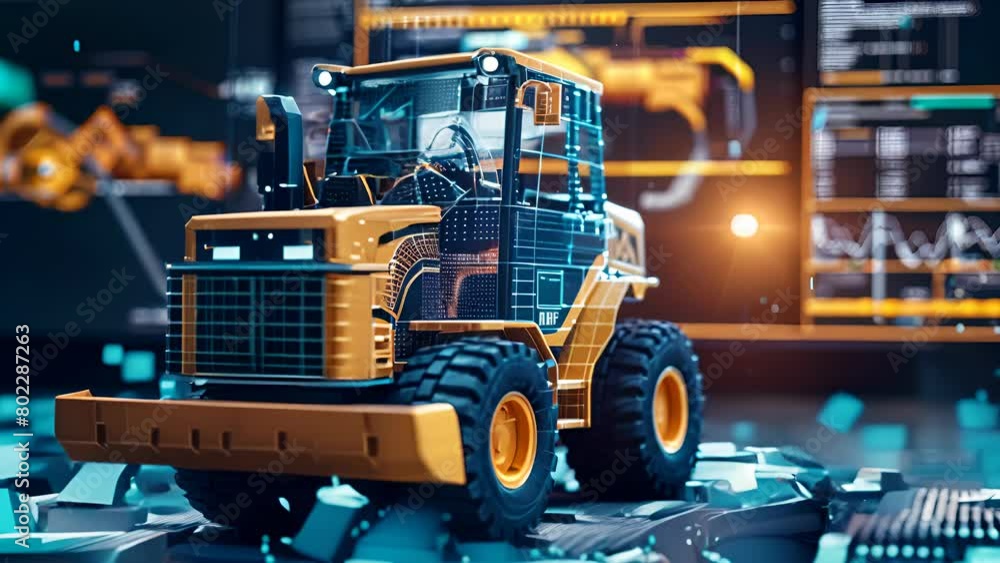 A yellow and black construction vehicle is shown in a computer ...