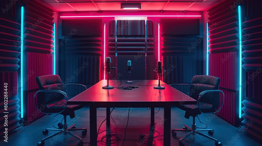 modern podcast studio with table and microphone, neon lights, purple ...