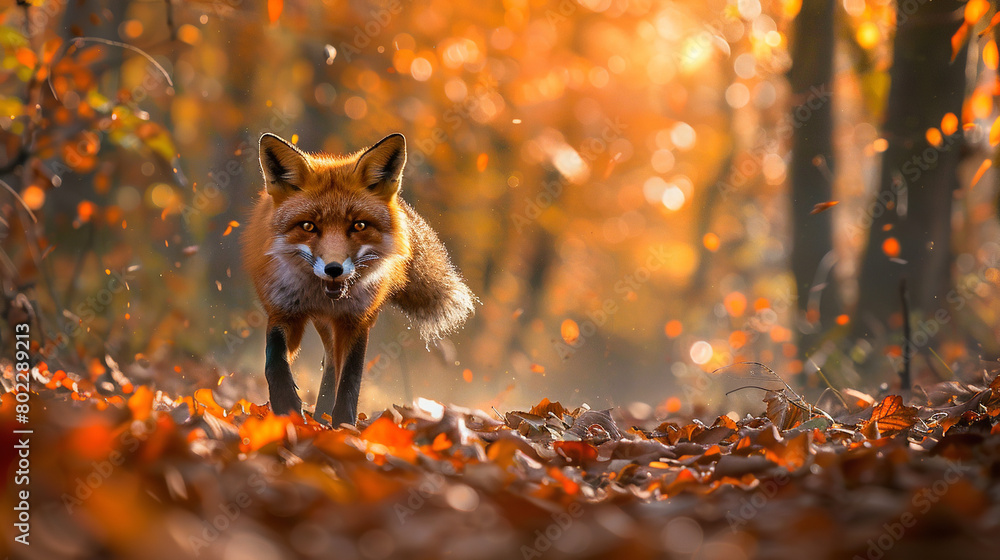 A red fox prowling through a sun-dappled forest, its fiery coat ...
