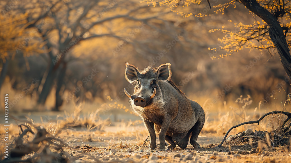 A warthog kneeling to forage for roots in the sun-dappled savannah, its ...