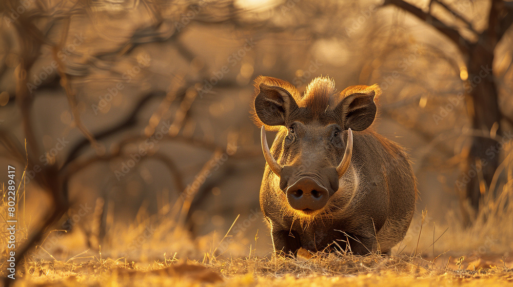 A warthog kneeling to forage for roots in the sun-dappled savannah, its ...