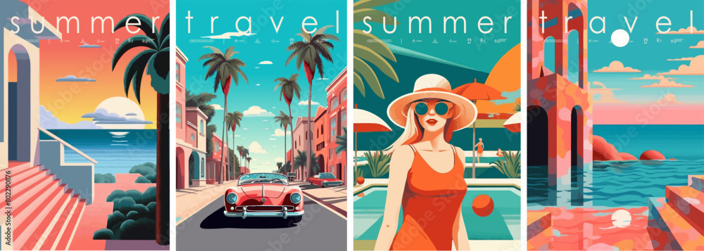 Colorful series of summer travel posters featuring beautiful coastal ...