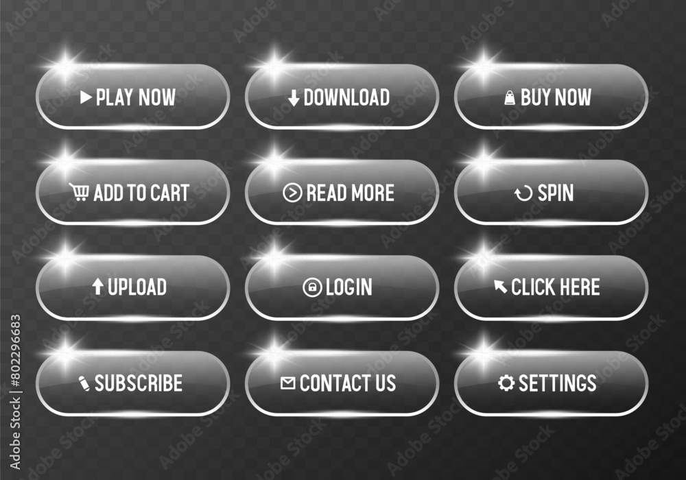 Glass buttons in a metal frame. Big set of vector buttons isolated on ...