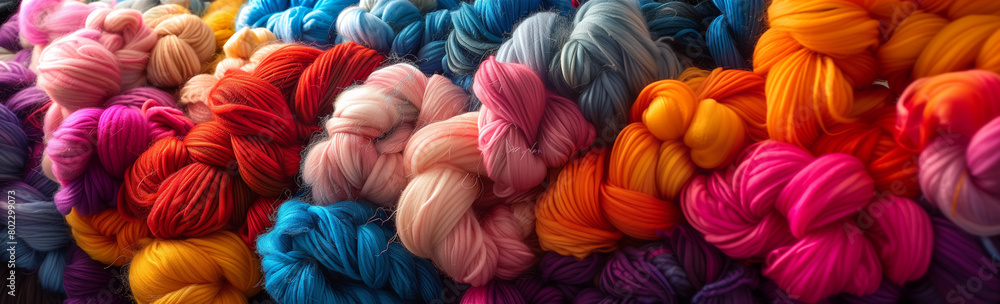A vivid and tightly packed collection of yarn bundles, offering a ...
