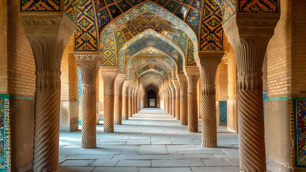 Symmetrical arches and columns in a mosque hallway leading to ornate ...