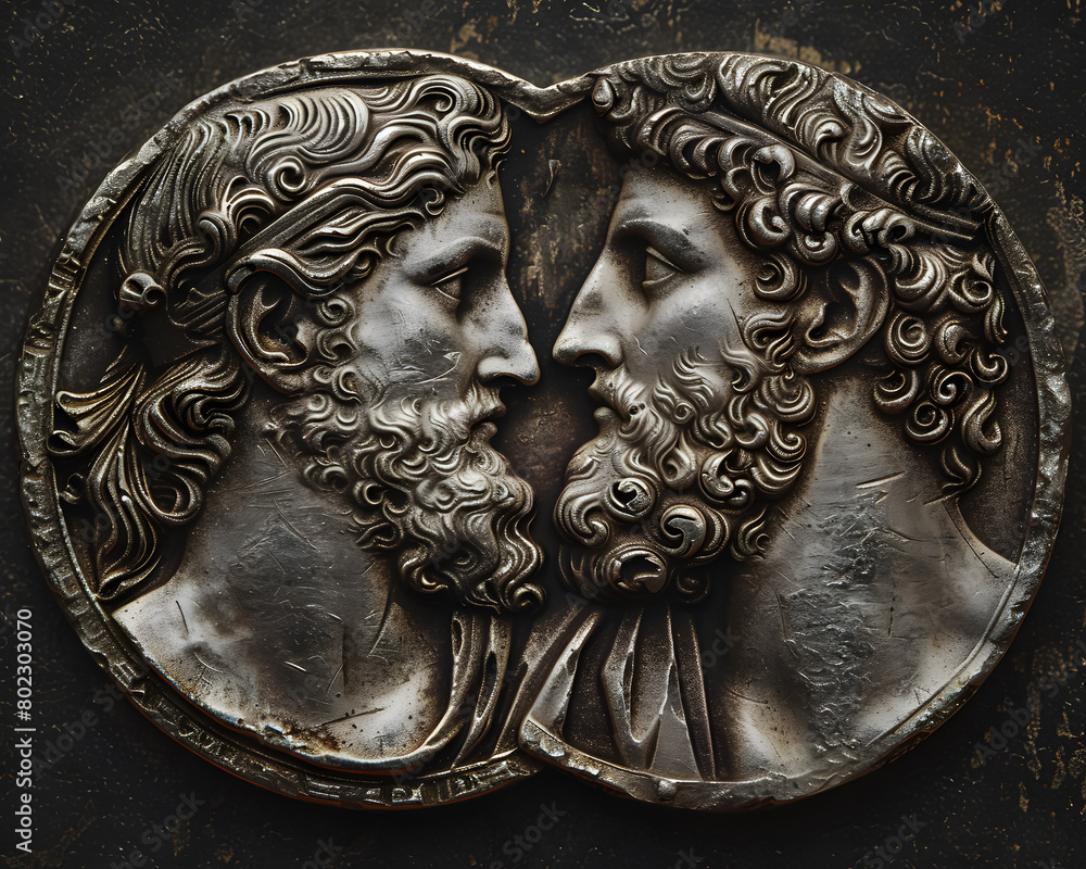 The image is a black and white photo of a coin with two facing male ...