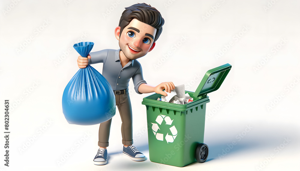 Man disposing of trash into recycling bin - 3D caricature, 3D ...
