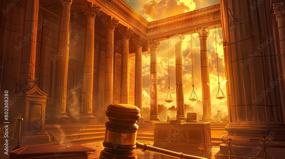 create an oil painting illustration of the courtroom of Heaven at ...