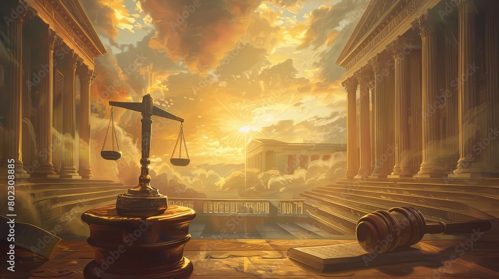 create an oil painting illustration of the courtroom of Heaven at ...