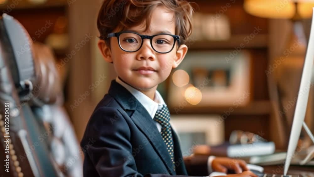 A cute little bespectacled boy and a sharp business suit sit ...