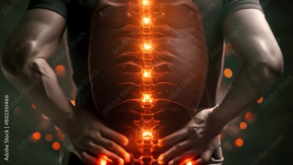 Spinal pain and human back anatomy Man puts his hands behind his back ...