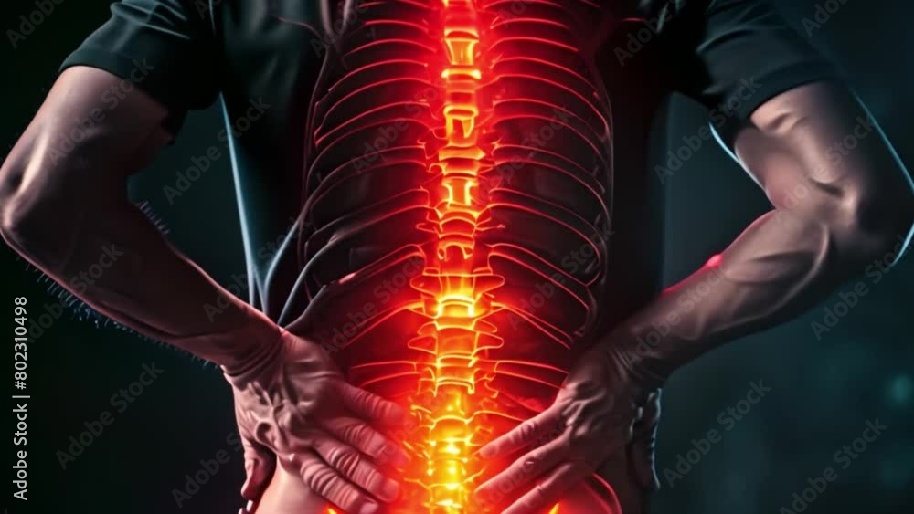 Vídeo do Stock: Spinal pain and human back anatomy Man puts his hands ...