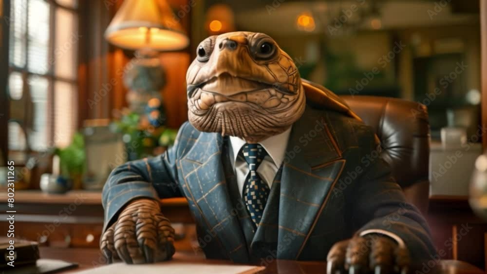 A turtle in a business suit sits confidently at an executive desk in a ...