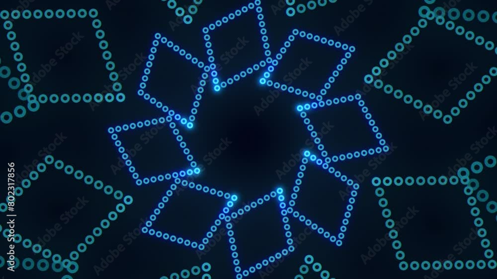 A striking circular pattern of blue dots on a black background creates ...