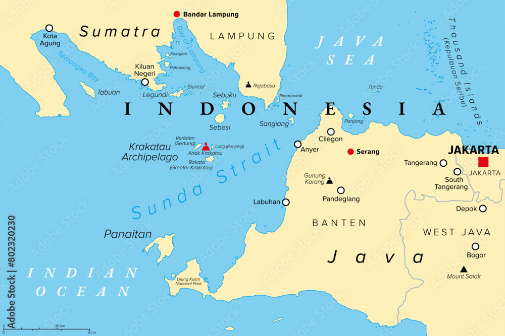 Sunda Strait, Indonesia, political map. Strait between the Indonesian ...