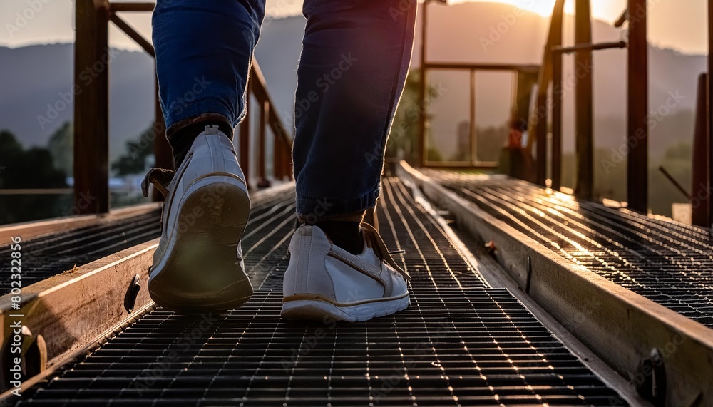 Worker feet walking on metal platform at architect construction site ...