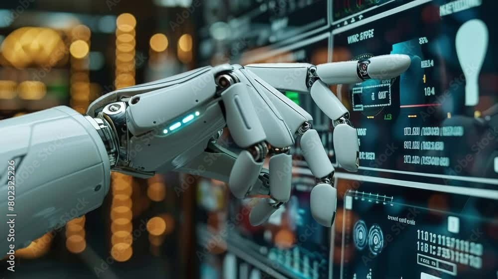 A robotic arm interacts with digital displays, managing data in a high ...