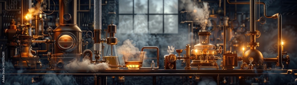 A 3D depiction of steam distillation equipment for essential oils, with ...