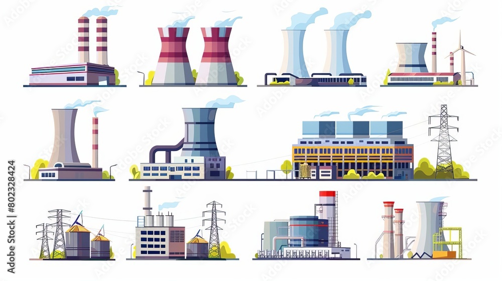 Set of power stations and plants for energy generation Different types ...