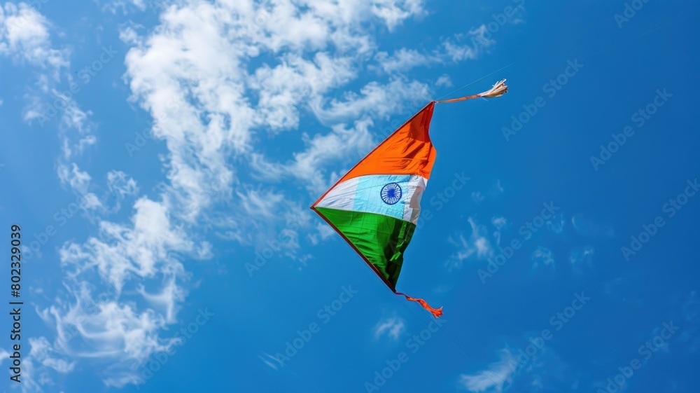 single kite flying high in the sky, colored in the Indian tricolor ...
