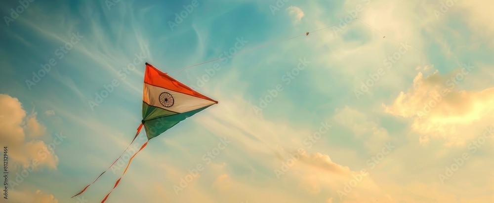 single kite flying high in the sky, colored in the Indian tricolor ...