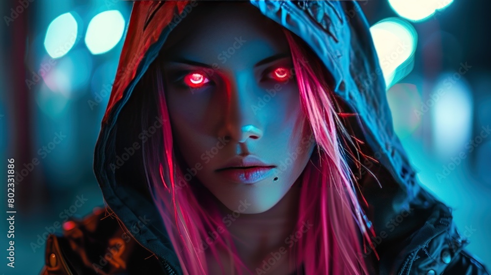 Dangerous mysterious cyber young woman with pink hair and wearing ...