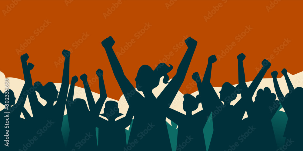 Powerful illustration showing a diverse crowd of silhouetted people, raising their fists in ...
