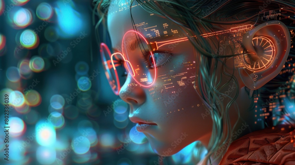 Cyberpunk futuristic little girl in digital vision modern glasses ...