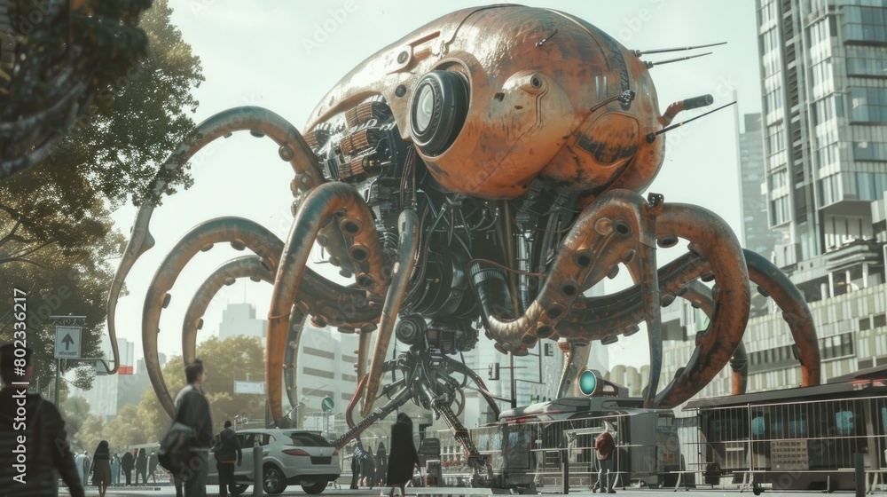 Giant monster squid Alien robot is walking in modern road city AI ...