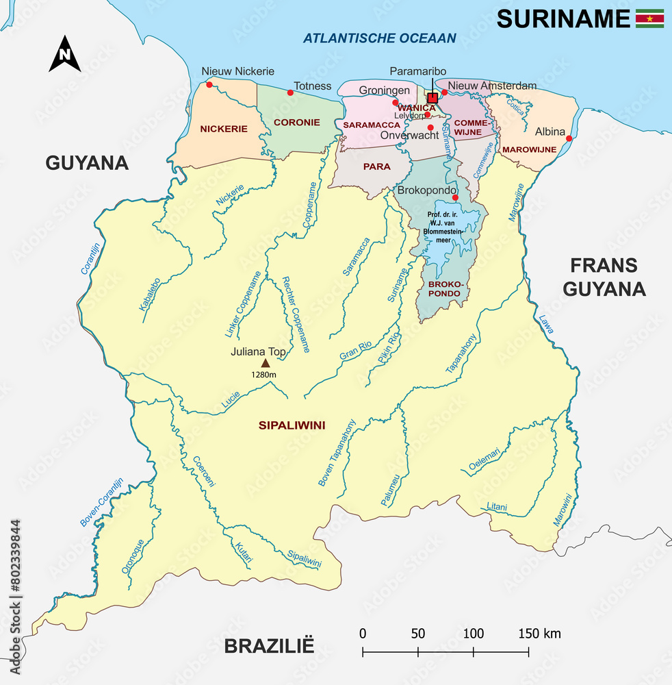 Political Map of Suriname with Administrative Districts Stock ...