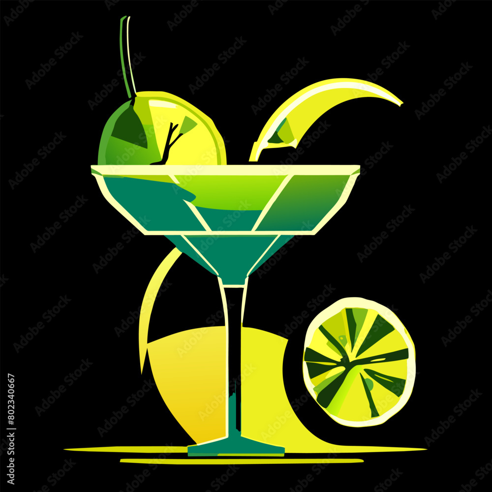logo with 1 palm tree and a big cocktail with a lemon on the glas, vector illustration flat 2 ...