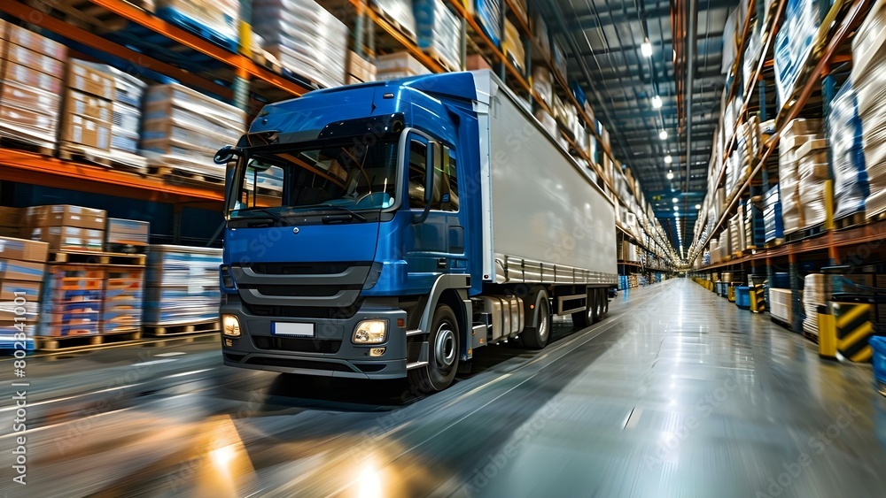 Truck loading goods in warehouse shelves for transportation . Concept ...
