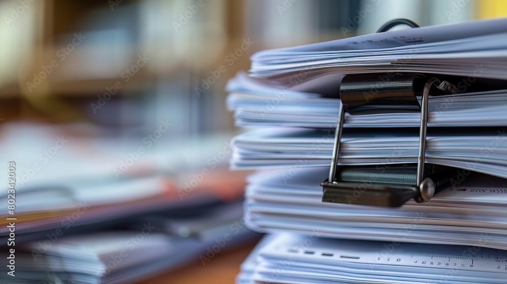 A close up of a stapler on a stack of handouts, ready to bind materials ...